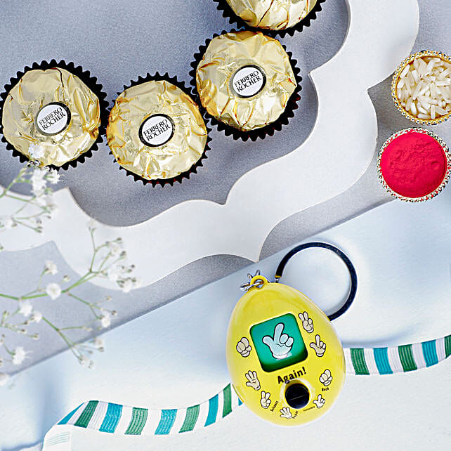 Joyful Rock-Paper-Scissors Toy Keychain Rakhi & Ferrero Indulgence ...