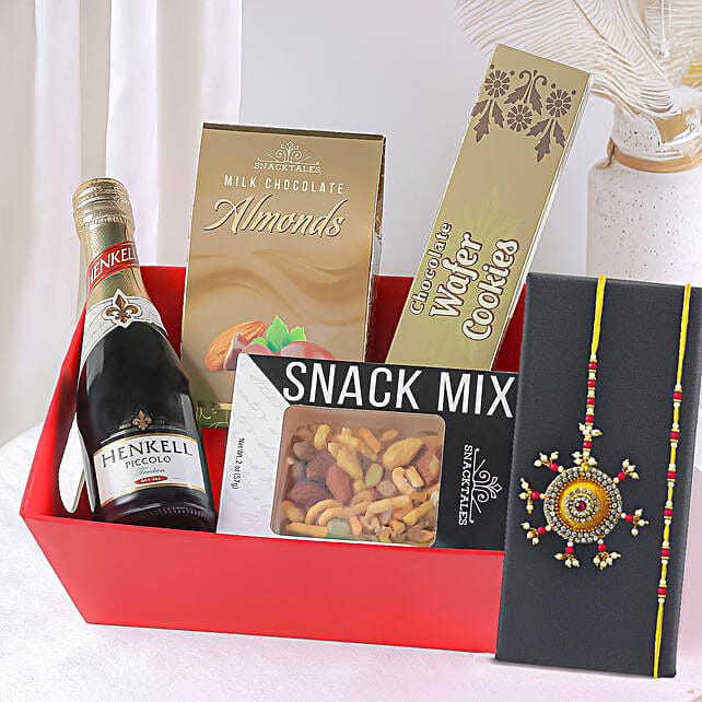 Rakhi Snack Treat Box with Beads Rakhi and Wine canada | Gift Rakhi ...