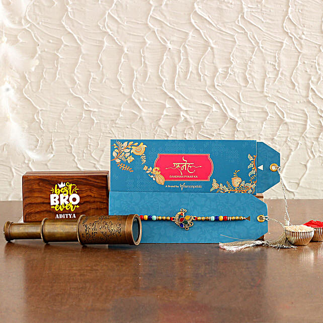 Peacock Rakhi And Personalised Engraved Telescope Hamper Finland T Peacock Rakhi And