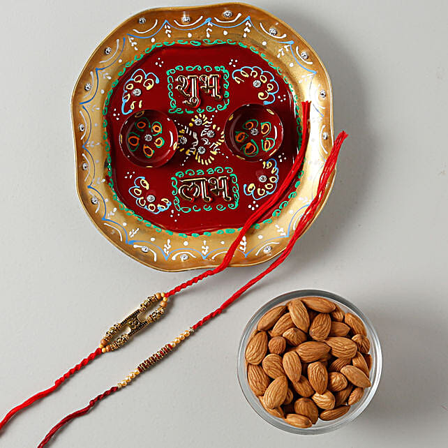 Aum Rakhi Set with Dry Fruit Pooha Thali germany | Gift Aum Rakhi Set ...