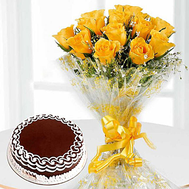 Yellow Rose Bunch And Cake kuwait | Gift Yellow Rose Bunch And Cake- FNP