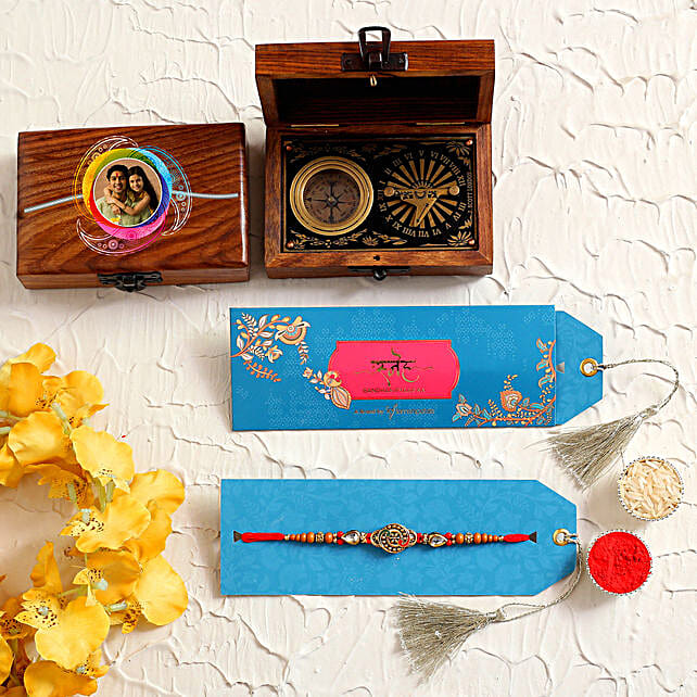 Designer Rakhi and Personalised Dual Sun Dial Compass Combo kuwait ...