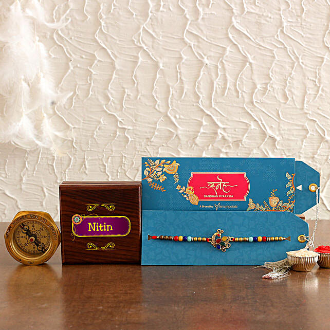 Peacock Rakhi and Personalised Compass Box Combo kuwait | Gift Peacock ...