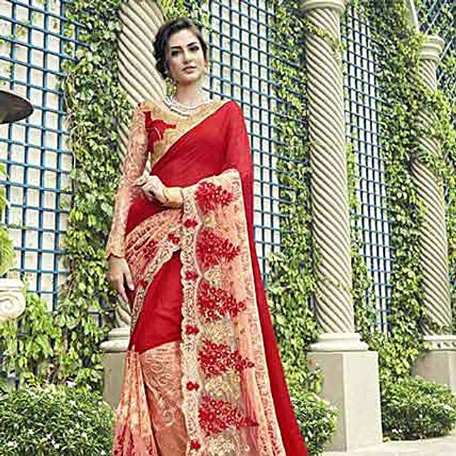 Buy/Send Red Chiffon N Net Saree Online- FNP