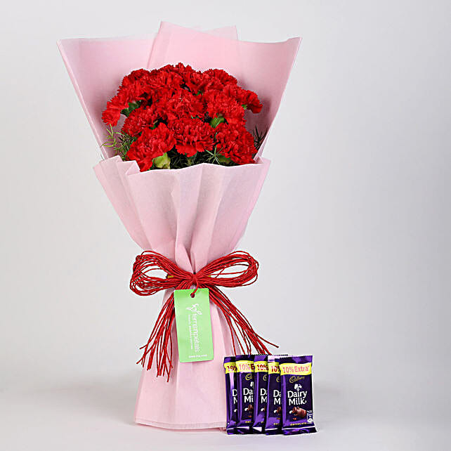 Buy/Send 12 Beautiful Red Carnations & Cadbury Dairy Milk Online- FNP