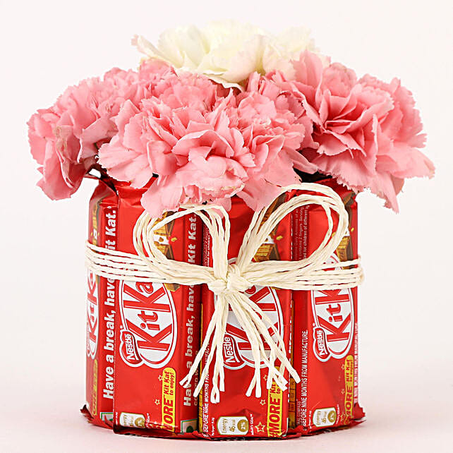 Buy/Send Carnations & Kit Kat Glass Arrangement Online- FNP