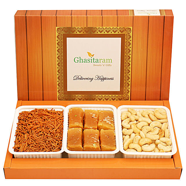 Buy/Send Mysore Pak, Soya Sev & Cashew Shaped Biscuit Box Online- FNP