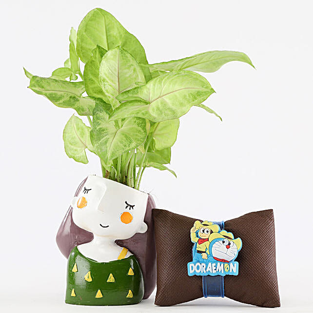 Buy/Send Syngonium Plant In Green Resin Pot Glowing Doremon Rakhi ...