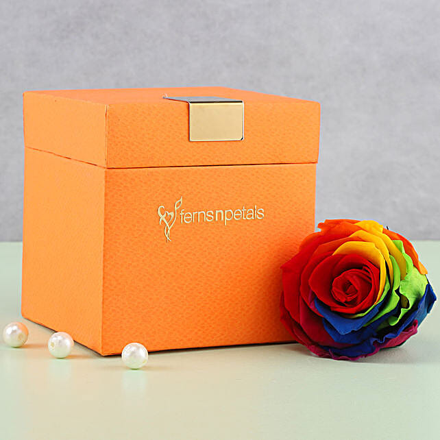 Buy/Send Mystic- Forever Rainbow Rose in Orange Box Online- FNP