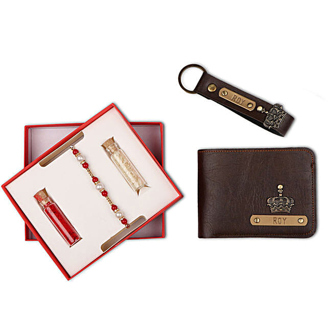 Buy/Send Personalised Brown Wallet Keychain With Rakhi Online- FNP