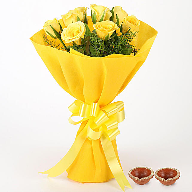 Buy/Send Gleaming Yellow Roses Bouquet & Diyas Online- FNP
