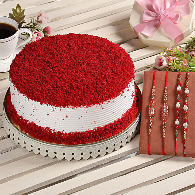 Buy/Send Red Velvet Cake With 4 Rakhis Online- FNP