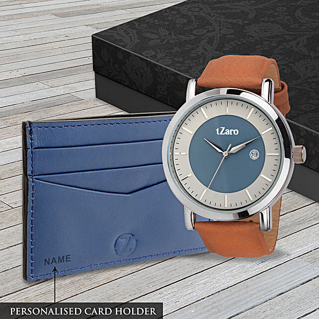 Buy/Send Personalised Tan & Navy Blue Wallet Combo Online- FNP