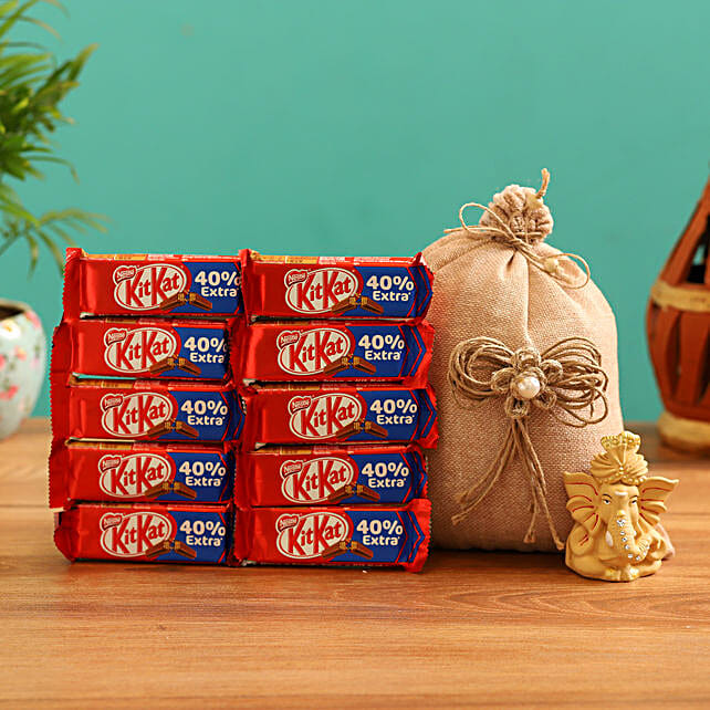 Buy/Send Beige Ganesha Idol & Kitkat In Jute Potli Online- FNP
