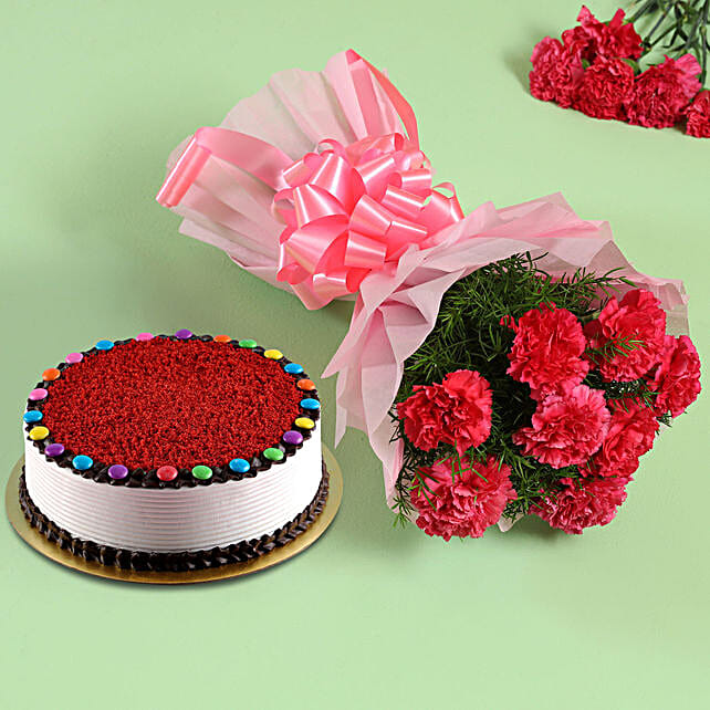 Buy/Send Pink Carnations & Delicious Red Velvet Cake Online- FNP