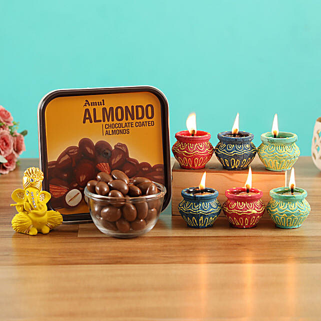 Buy/Send Amul Almondo With Yellow Ganesha Idol & Diya Combo Online- FNP