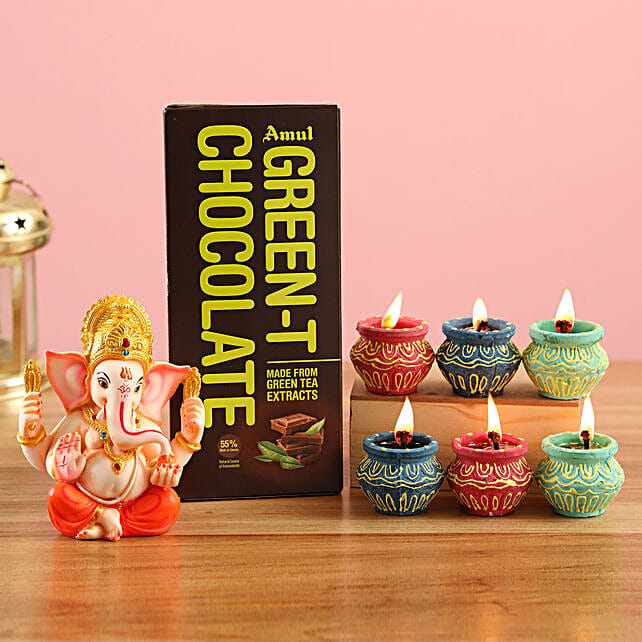 Buy/Send Amul Green T With Ganesha Idol & Diya Combo Online- FNP