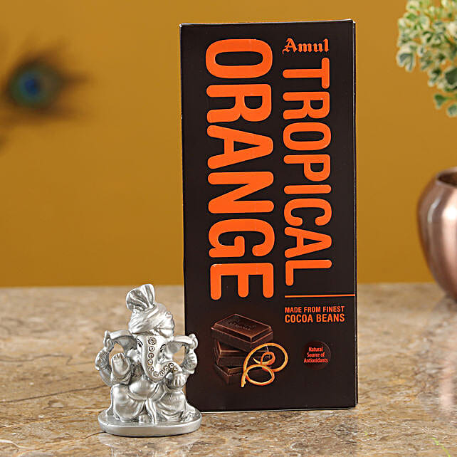 Buy/Send Amul Tropical Orange & Silver Ganesha Idol Combo Online- FNP