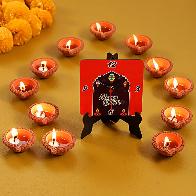 Buy/Send Happy Diwali Table Clock With Diyas Online- FNP