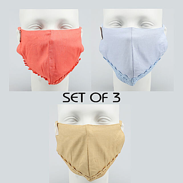 Buy/Send Set Of 3 Cotton Lace Yarn Face Masks Online- FNP