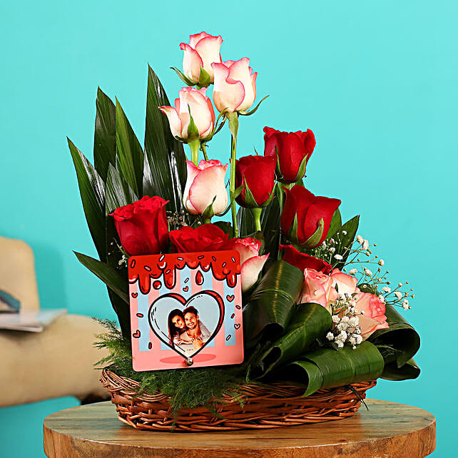 Buy/Send Red & Pink Roses Personalised Basket Online- FNP