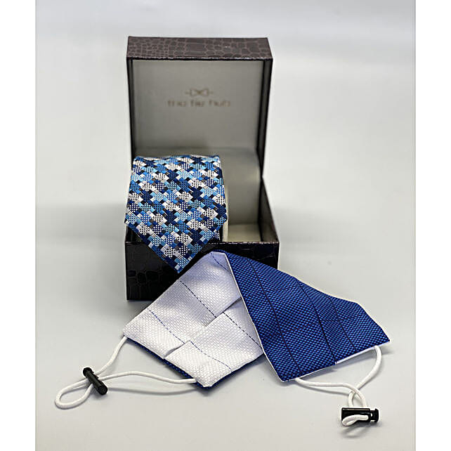 Buy/Send Blue Plaid Microfiber Necktie & Mask Online- FNP