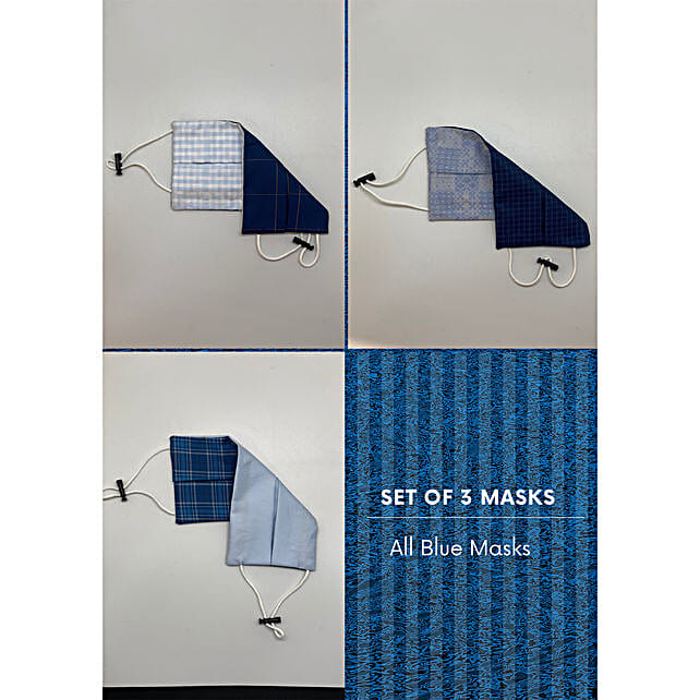 Buy/Send Pack Of 3 Cotton Reusable Reversible Face Mask- Blue Online- FNP