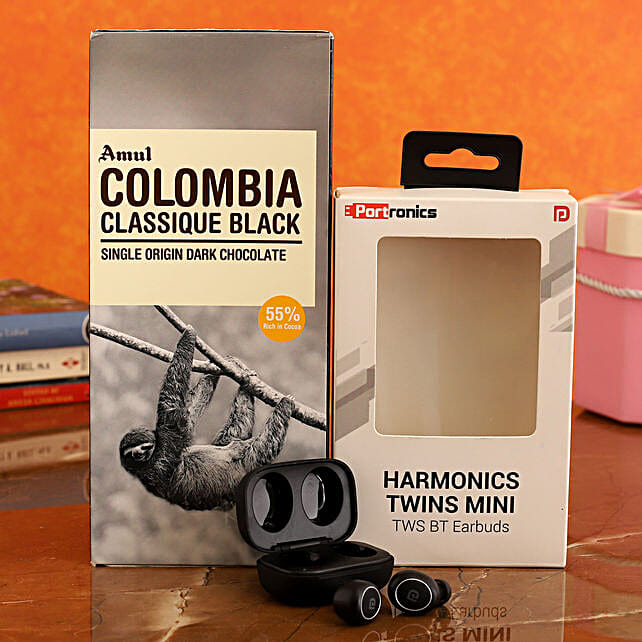 Buy/Send Portronics Harmonics Twins Mini Earbud & Amul Chocolate Online ...