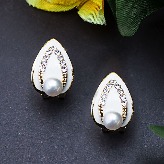 Buy/Send White Teardrop Shape Pearl Studded Studs Online- FNP