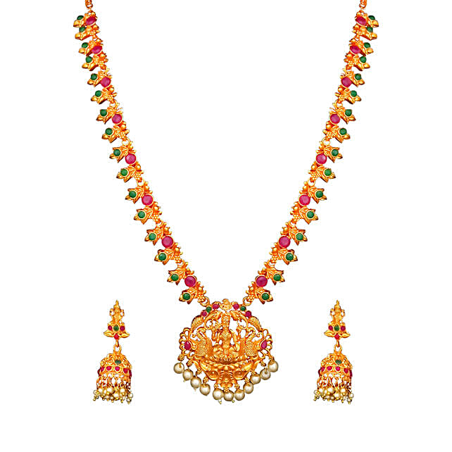 Buy/Send Maroon & Green Pota Stone Divine Necklace Set Online- FNP