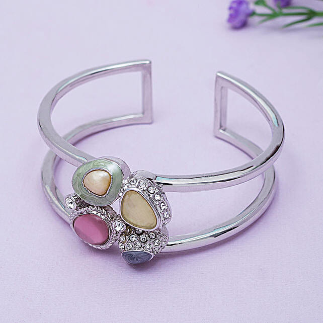 Buy/Send Silver Toned Stone Studded Bangle Style Cuff Bracelet Online- FNP