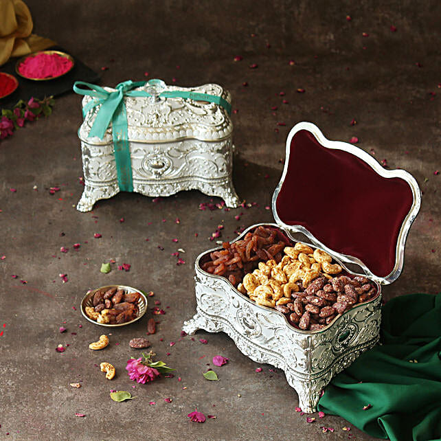 Buy/Send GERMAN SILVER TIJORI WITH PREMIUM DRYFRUIT AND MITHAI Online- FNP