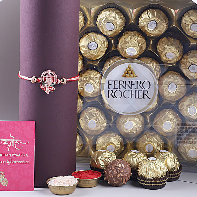 Buy/Send Devotional Ganesha Rakhi with Ferrero Rocher Chocolate Online- FNP