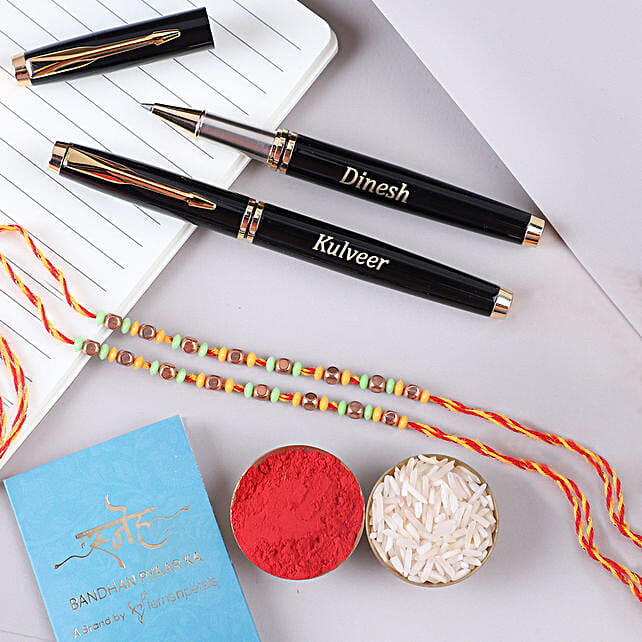 Buy/Send Gold Beads Mauli Rakhi N Personalised Pen Set Online- FNP