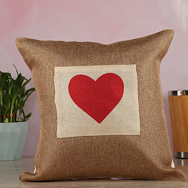 Buy/Send Brown Heart Patch Jute Cushion Cover Online- FNP