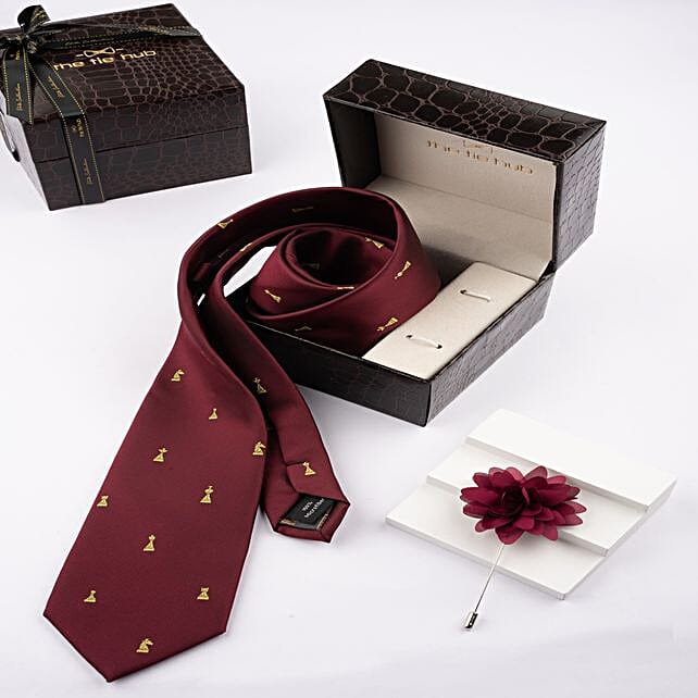 Buy/Send Chess Design Burgundy Tie & Lapel Pin Set Online- FNP