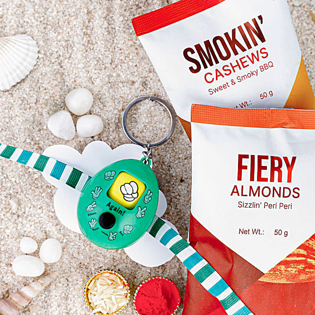 Buy/Send Playful Rock-Paper-Scissors Toy Rakhi with Savoury Delights ...