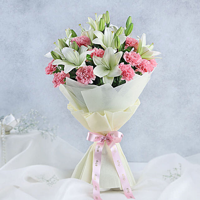 Buy/Send Mixed Asiatic Lilies Carnations Bouquet Online- FNP