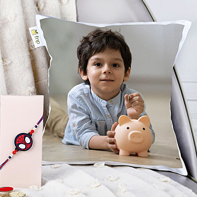 Buy/Send Spiderman Mask Rakhi & Little Bro Cushion Combo Online- FNP