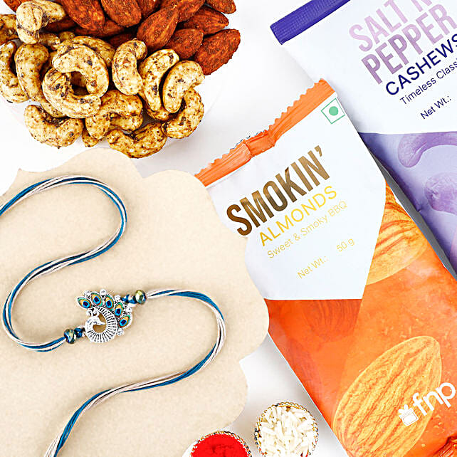 Buy/Send Sapphire Serenity Peacock Rakhi & Nuts Combo Online- FNP