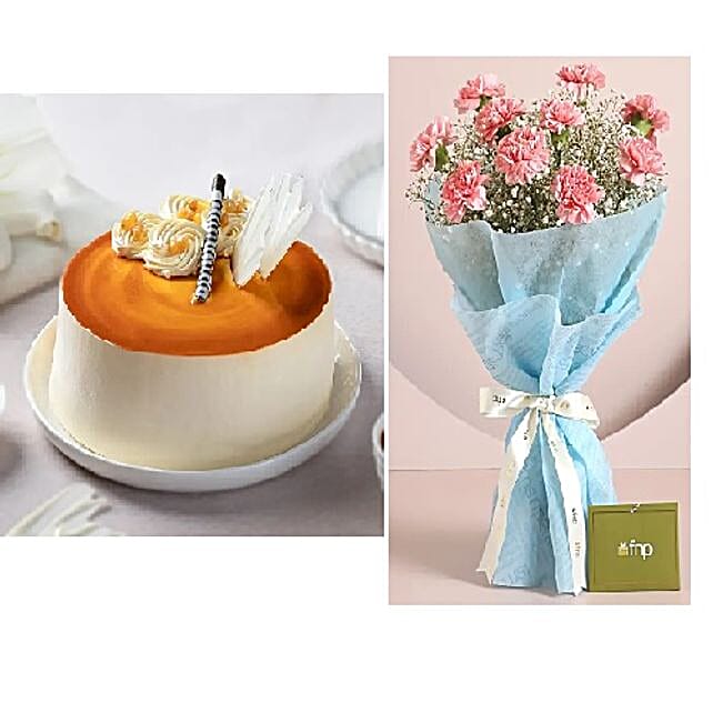 Buy/Send butterscotch cake half kg with pink carnation Online- FNP