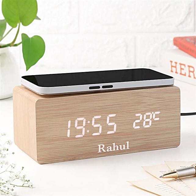 Buy/Send Personalised Bamboo Wireless Charger Clock Online- FNP