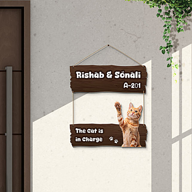 Buy/Send Cat in Charge Personalised Wooden Nameplate Online- FNP