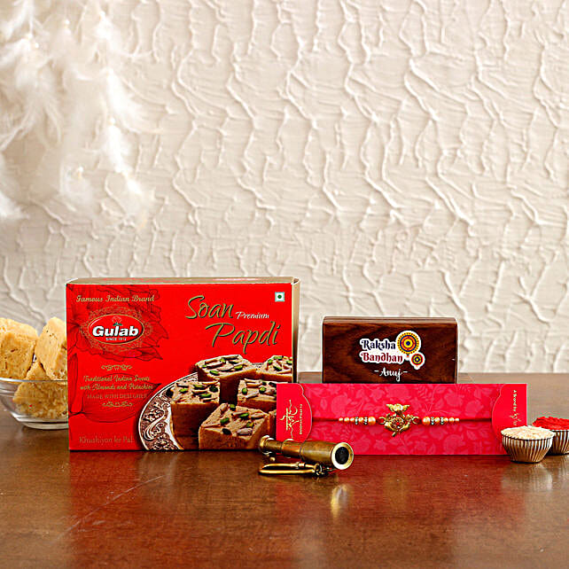 Ganesha Rakhi With Personalised Keychain and Soan Papdi mauritius ...