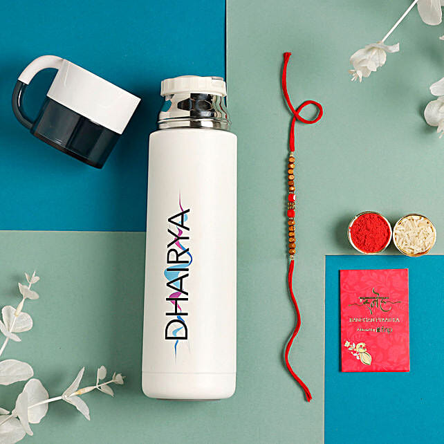 Sneh Wooden Beads Rakhi and Personalised Thermosteel Flask mauritius ...