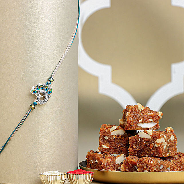 Sapphire Serenity Peacock Rakhi with Dodha Barfi Combo mauritius | Gift ...