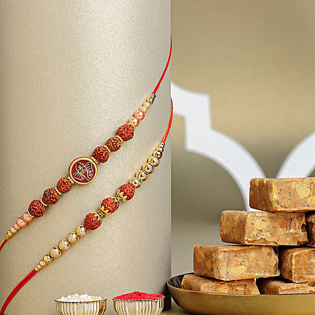 Serene Spirit Rudraksha Rakhi with Channa Barfi Combo mauritius | Gift ...