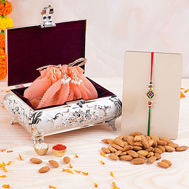 Raksha Tilak Pearl Rakhi & Almonds Silver Trunk Box mexico | Gift ...