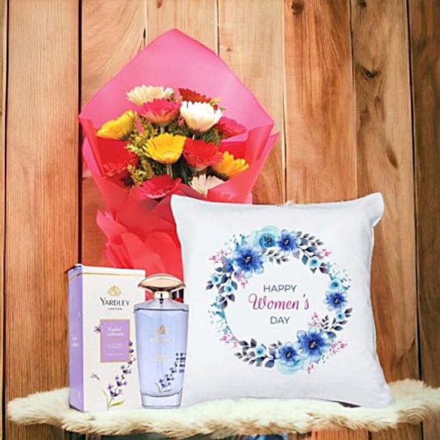 Happy Women's Day With Cushion Perfume & Mix Flowers nepal | Gift Happy ...