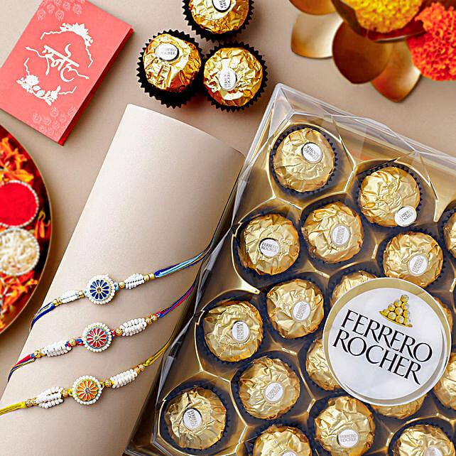Floral Heritage Round Rakhi Trio & Ferrero Rocher Gift Set nepal | Gift ...